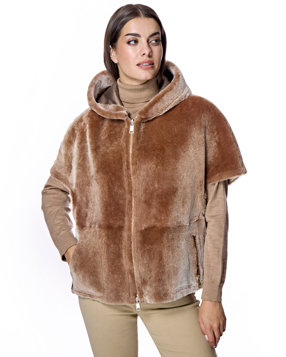 Reversible Short Sleeve Shearling Lamb Hooded Cape – Maximilian