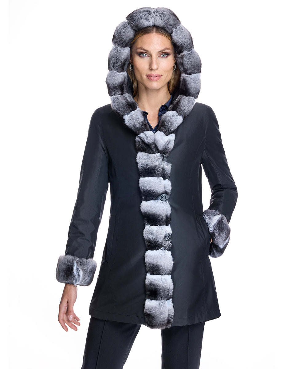 Sheared Mink Reversible Hooded Coat with Chinchilla Trim – Maximilian